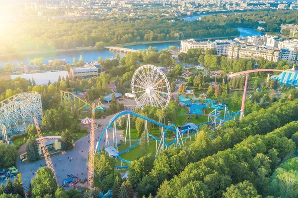 Top View Amusement Park Ferris Wheel Roller Coaster — Stock Photo ...