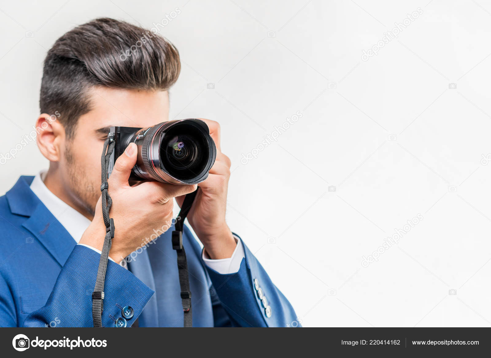 Young Attractive Man Blue Suit Camera Gray Background Isolated — Stock ...