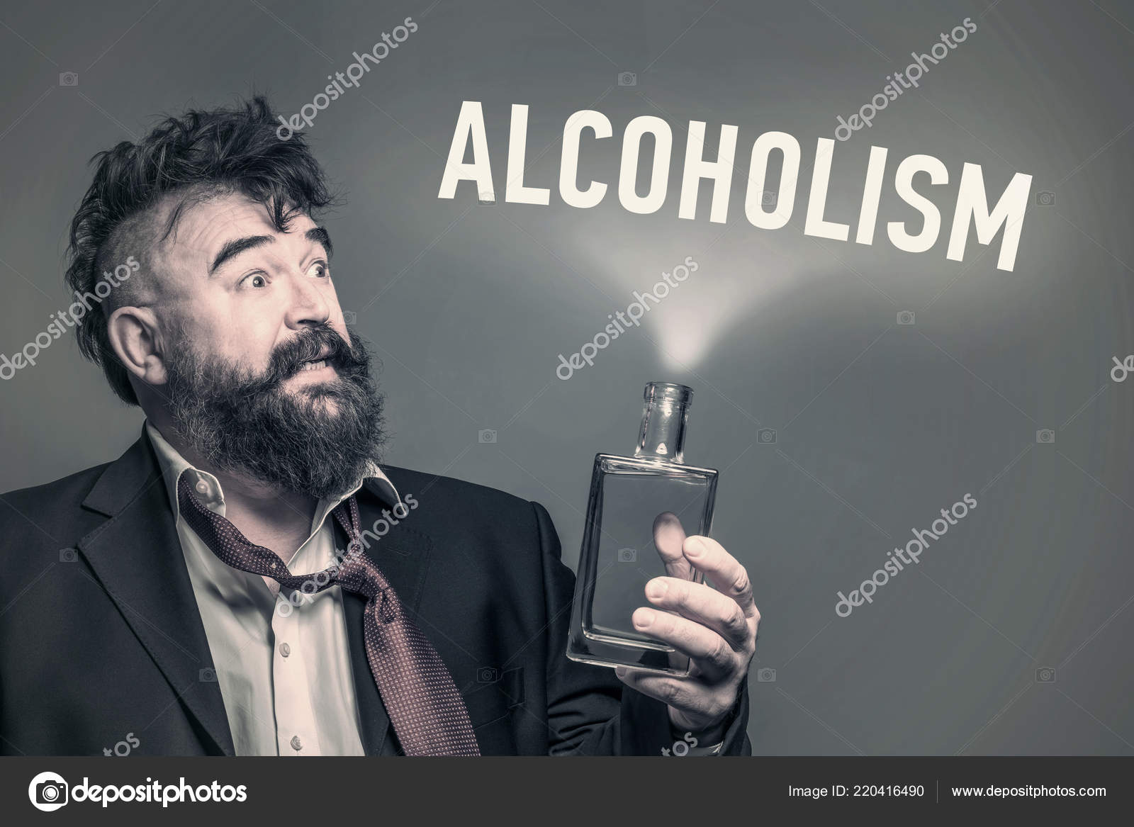 Scared Bearded Man Suit Bottle Alcohol His Hand Next Inscription ...