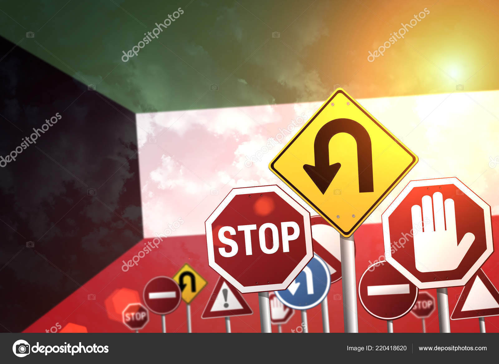 Road Stop Signs Background Kuwait Flag Stock Photo by ©watman 220418620