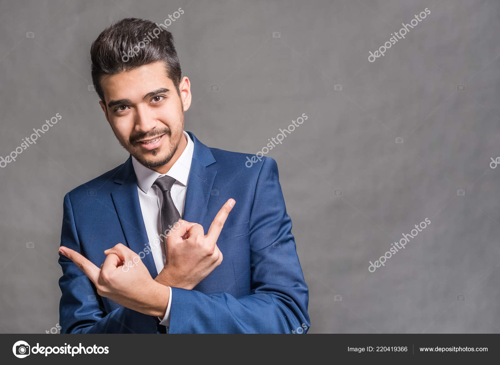 Young Attractive Man Blue Suit Showing Middle Fingers Gray Background ...
