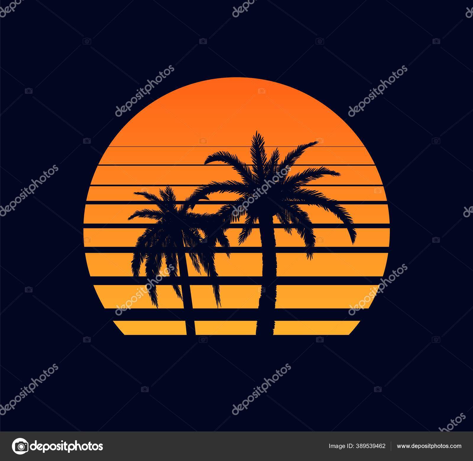 Retro sunset orange. Evening rays setting sun two palm trees against ...