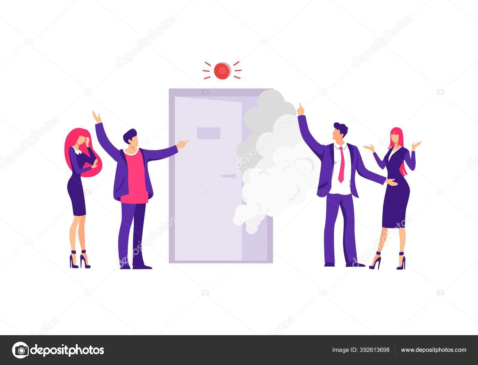 Fire in an office building illustration. Group of characters employees ...