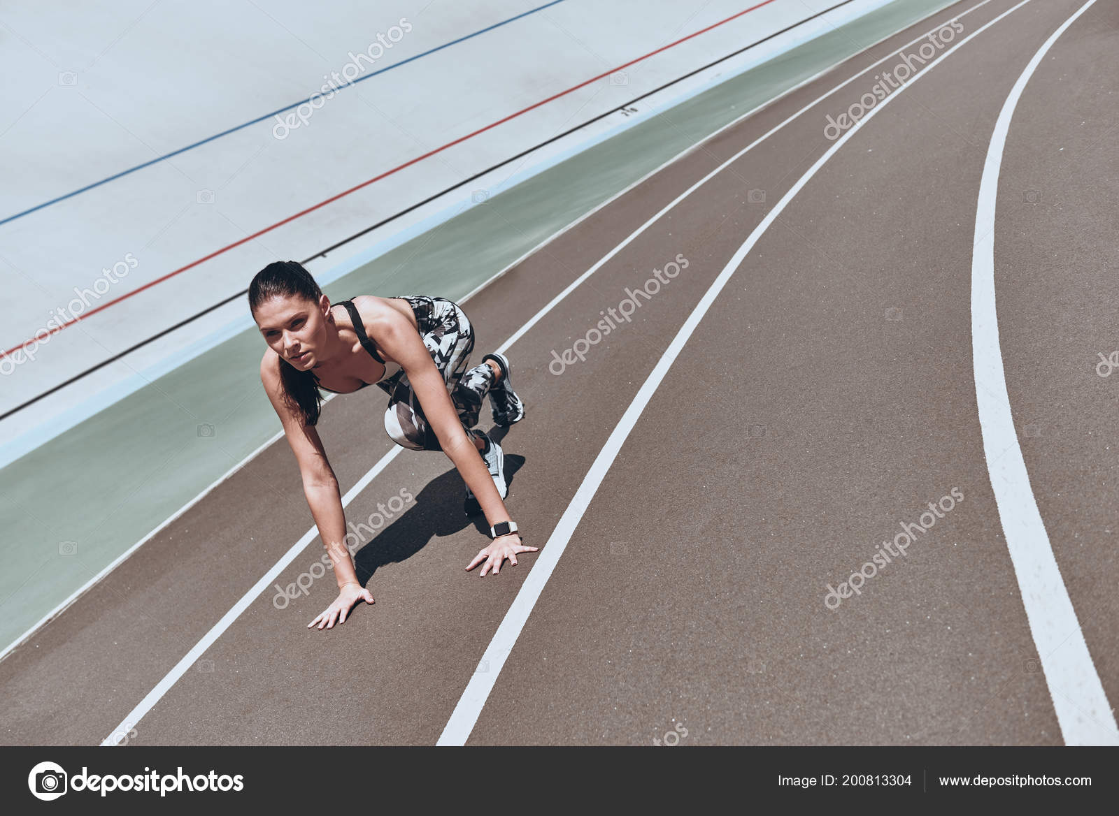 Woman Standing Start Line Stadium Ready Run Stock Photo by ...