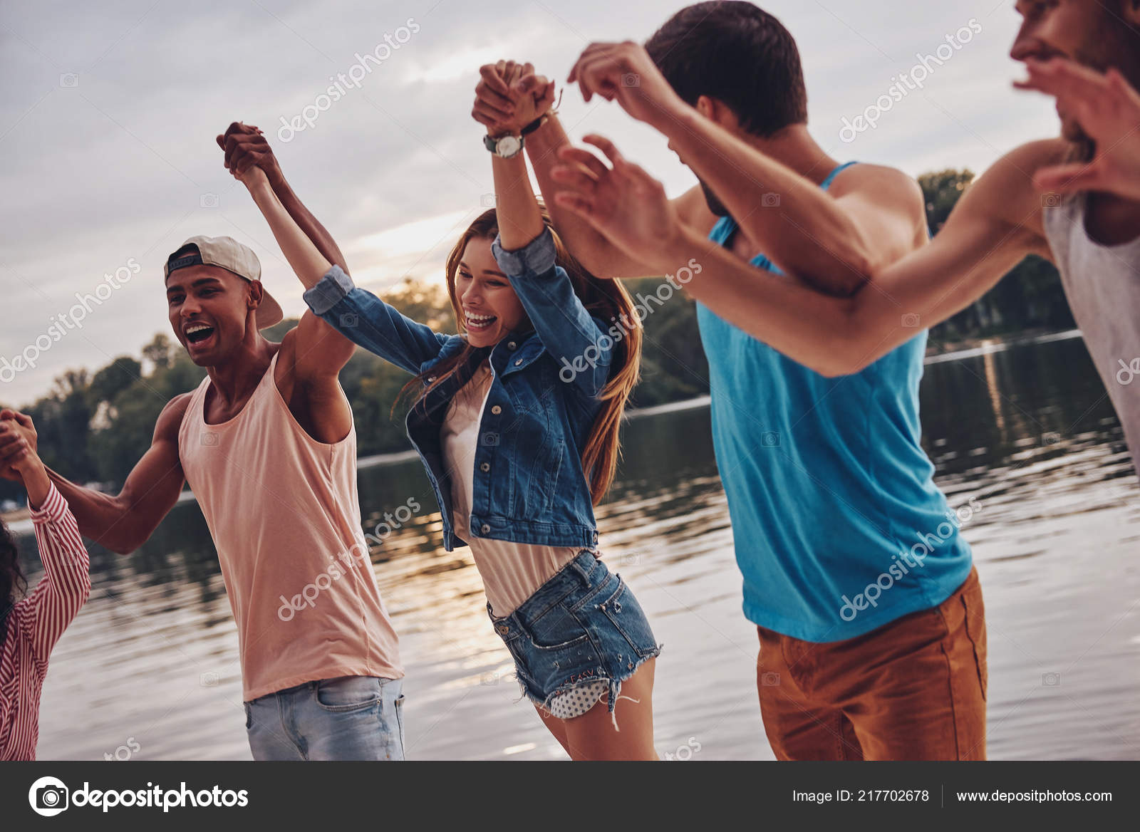 Happy People Having Fun Jumping Wooden Pier River Stock Photo by ...