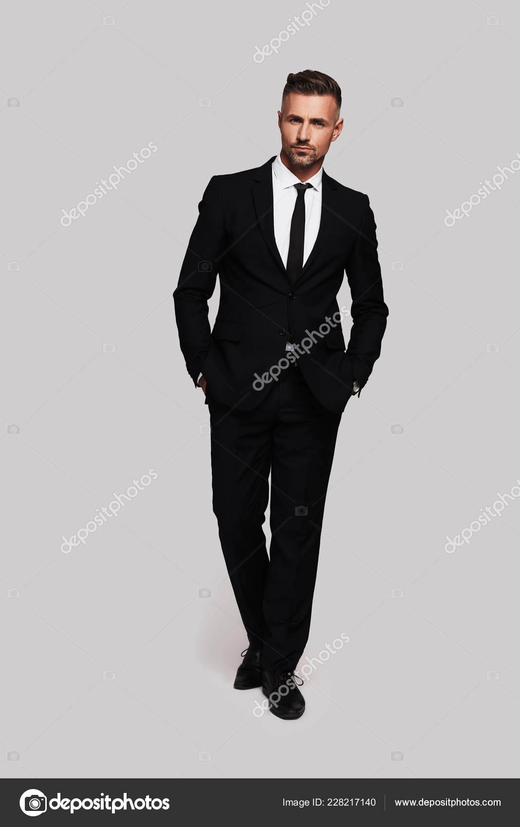 Handsome Young Man Full Suit Keeping Hands Pockets Looking Camera Stock ...
