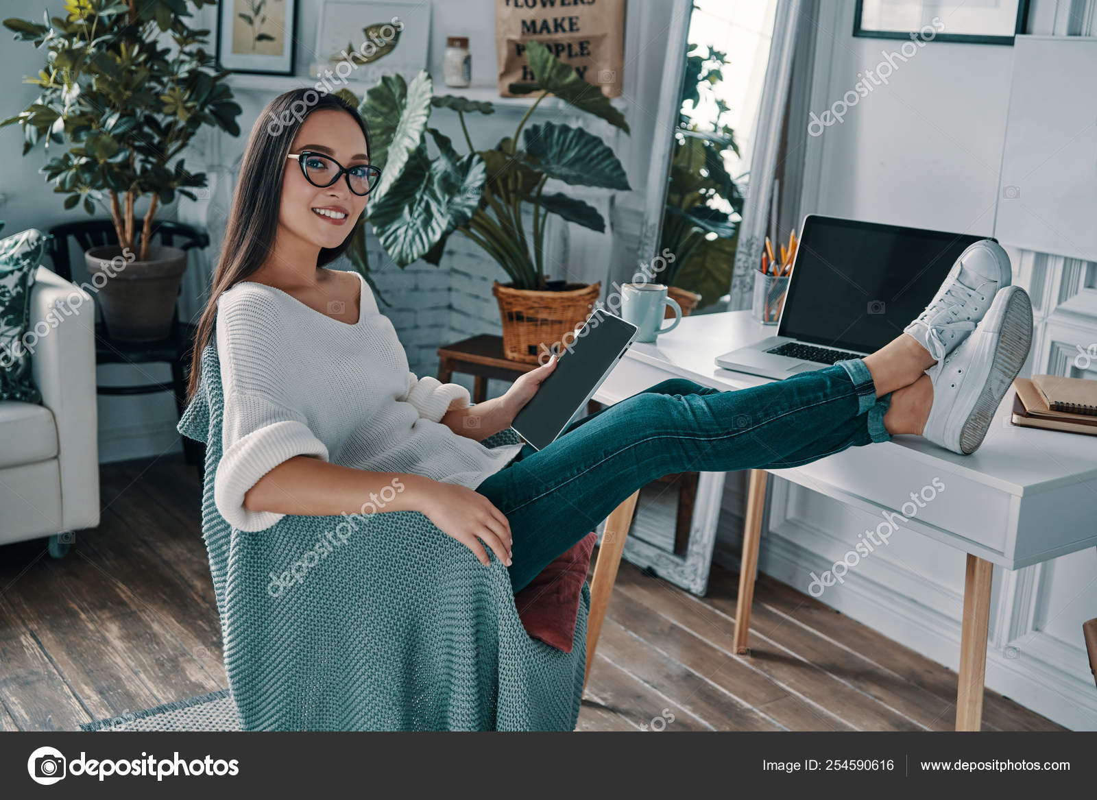 Can Totally Make Work Beautiful Young Woman Working Using Digital Stock ...