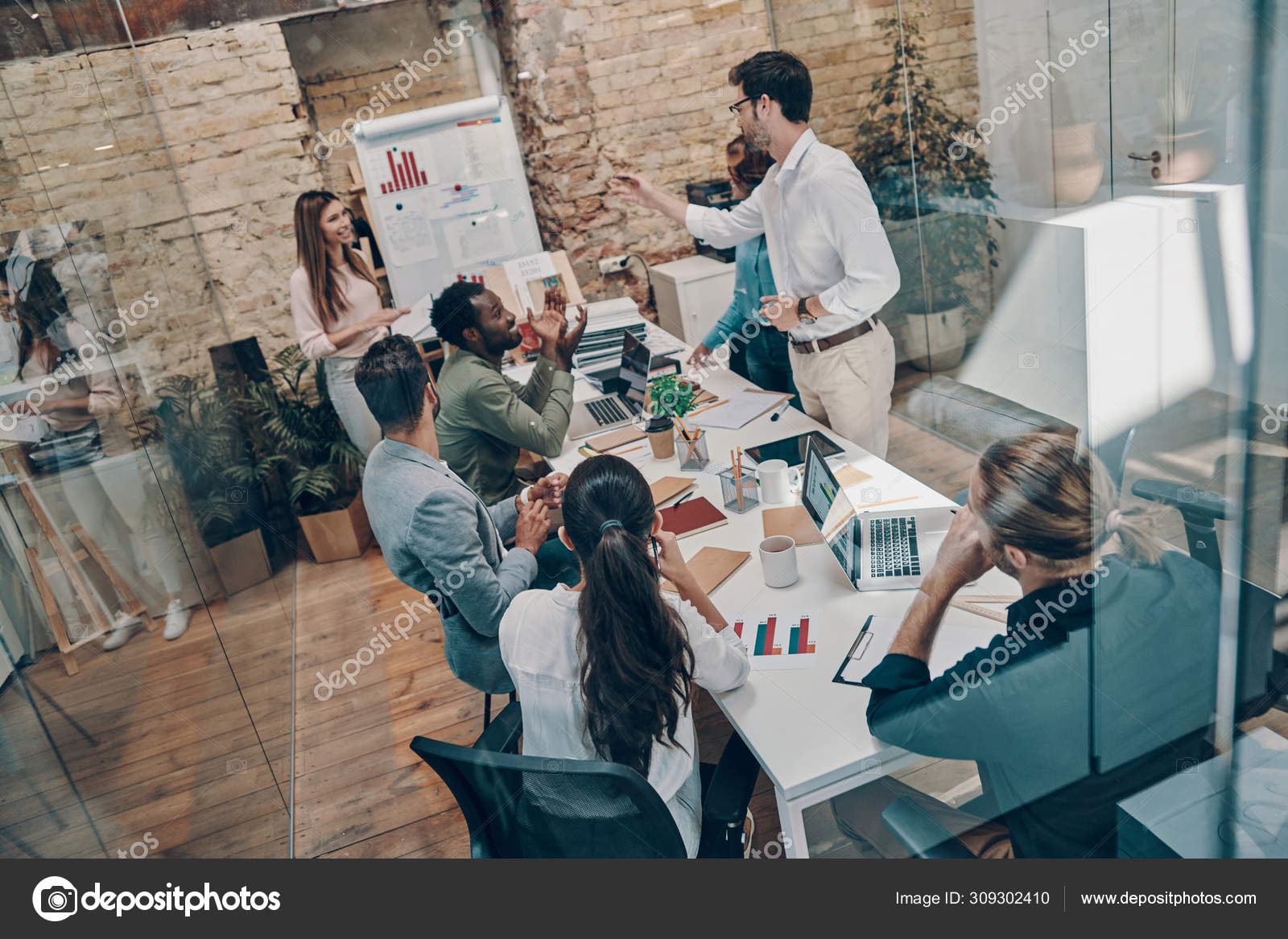 Top View Modern Young Woman Conducting Business Presentation While ...