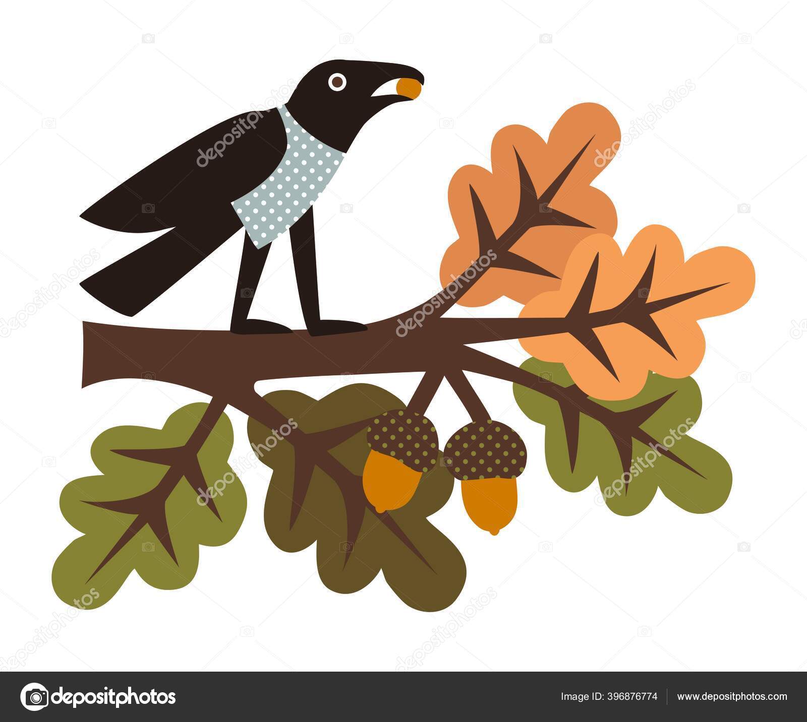 Crow Sitting Oak Branch Colorful Leaves Vector Illustration Autumn ...