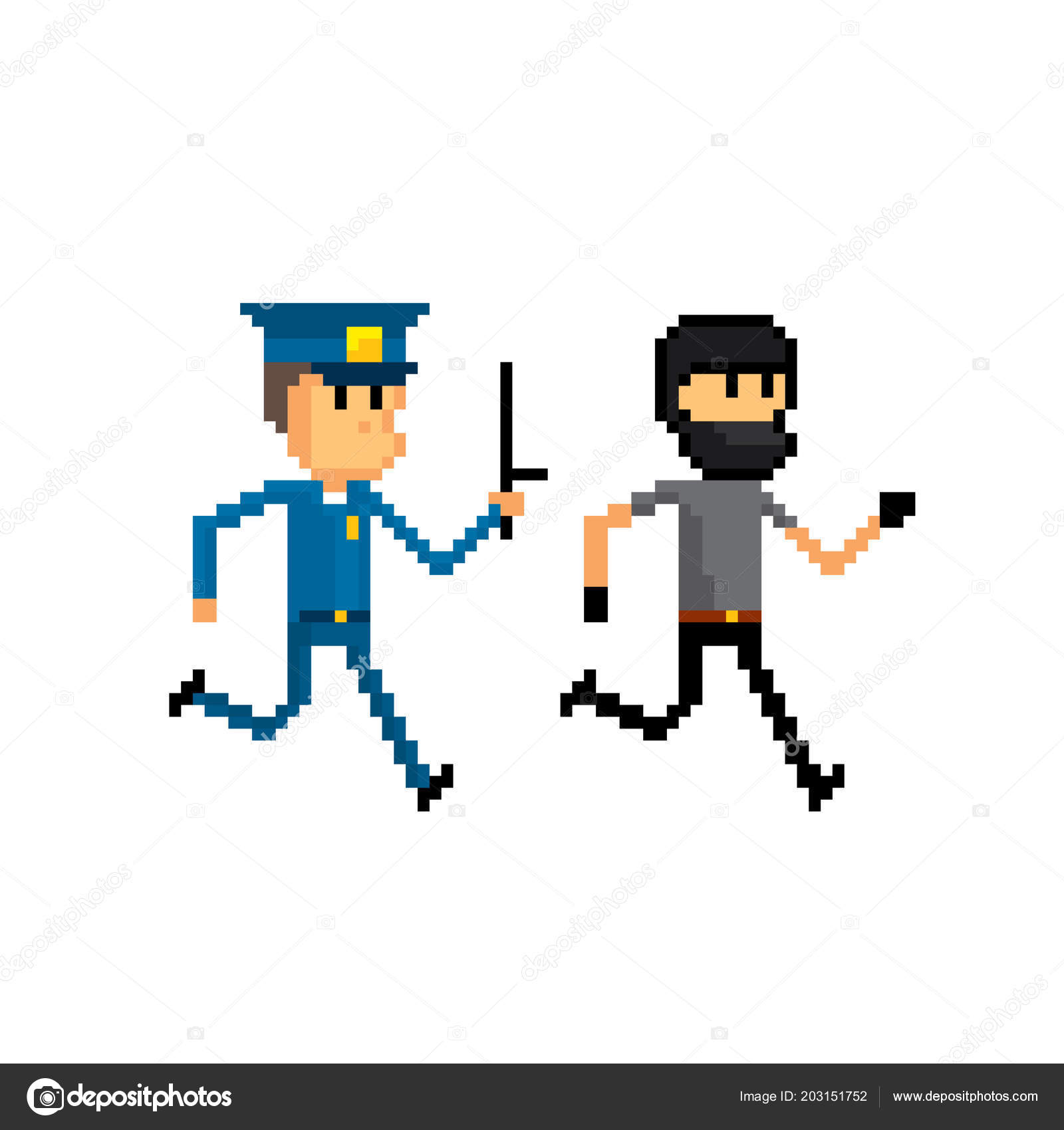 Policeman and robber. Pixel art. Old school computer graphic. 8 bit ...