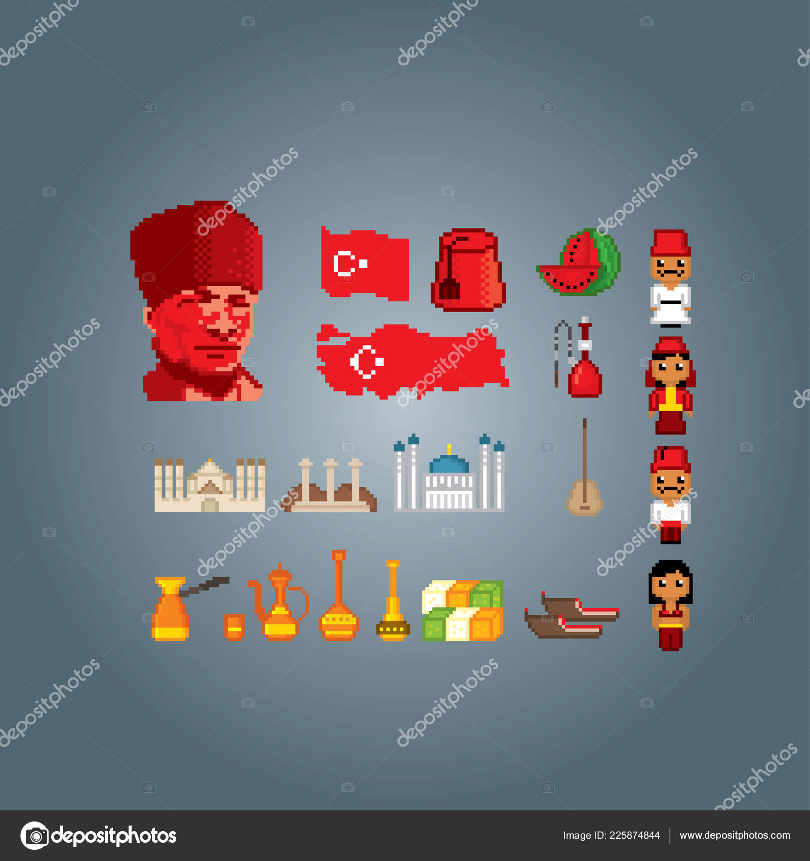 Turkey icon set. Pixel art. Old school computer graphic. 8 bit video ...