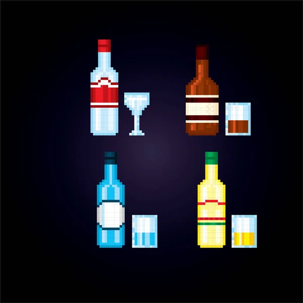 Set bottle with alcohol and a glass. Pixel art. Old school computer ...