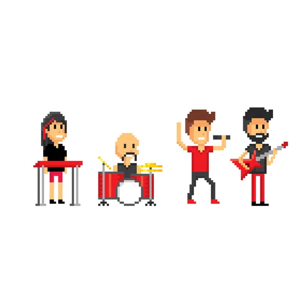 Rock band on stage. Drummer, guitarist, singer. Pixel art. 8 bit video ...