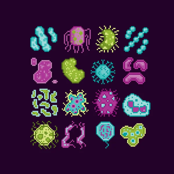 Bacteria and microbe pixel art icons set. Viral molecules. Micro ...