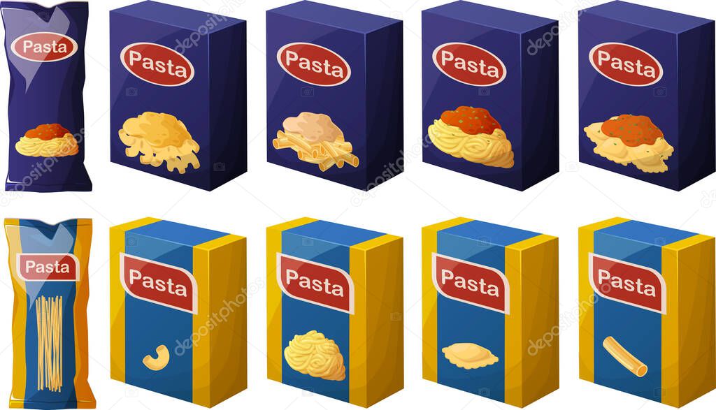 Ilustración vectorial de varios tipos de cajas y bolsas de pasta ...