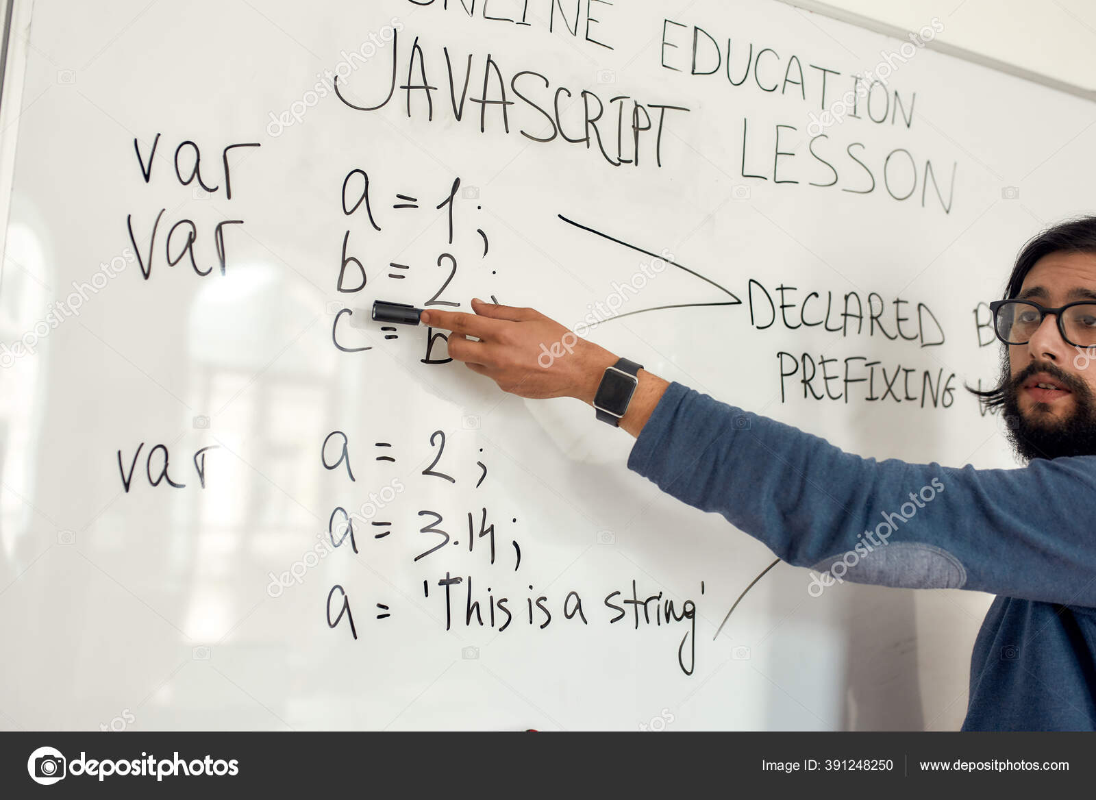 Basics of programming. Professional male teacher wearing eyeglasses ...