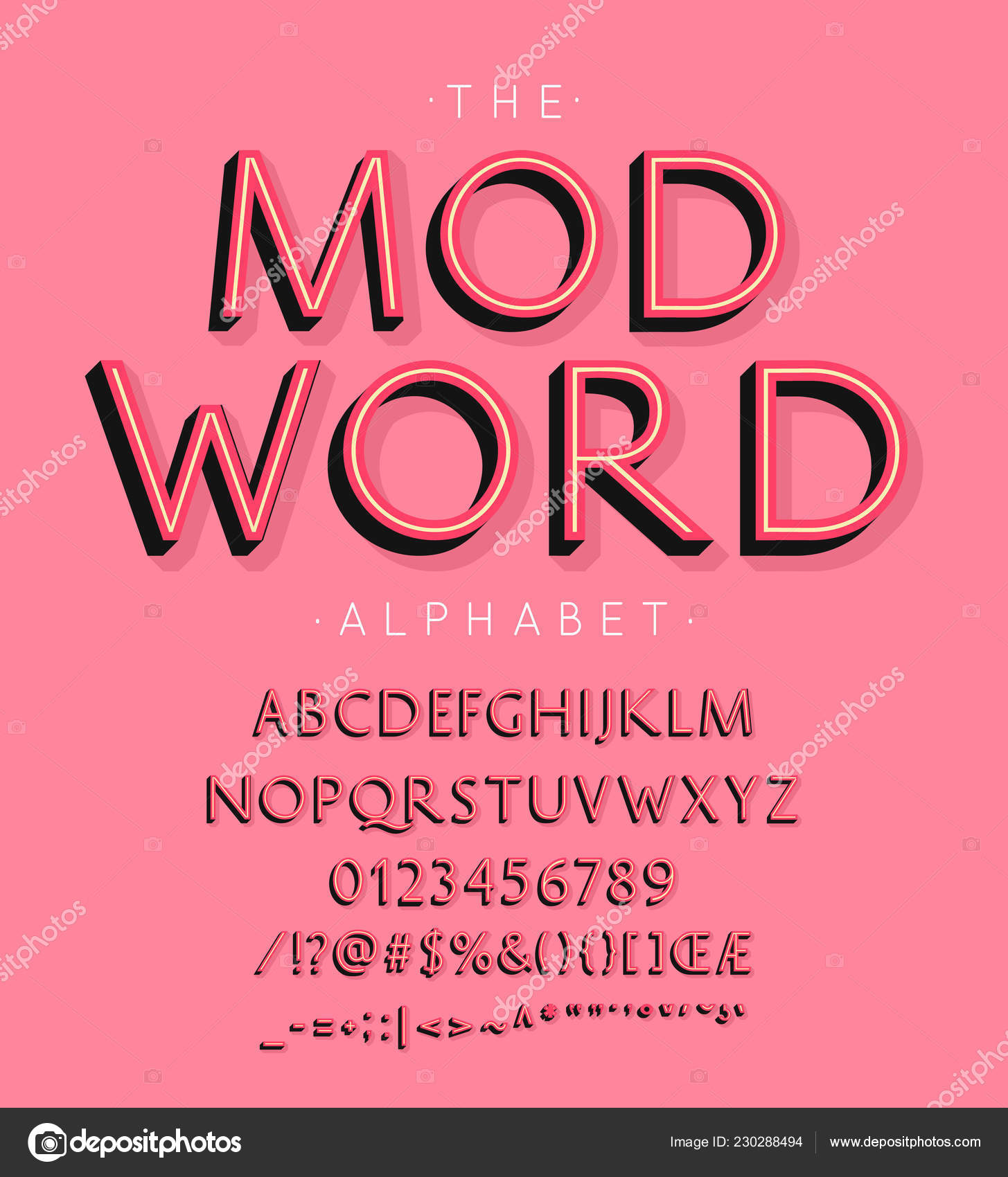 Mod Word vector font and alphabet with numbers, signs and symbols Stock ...