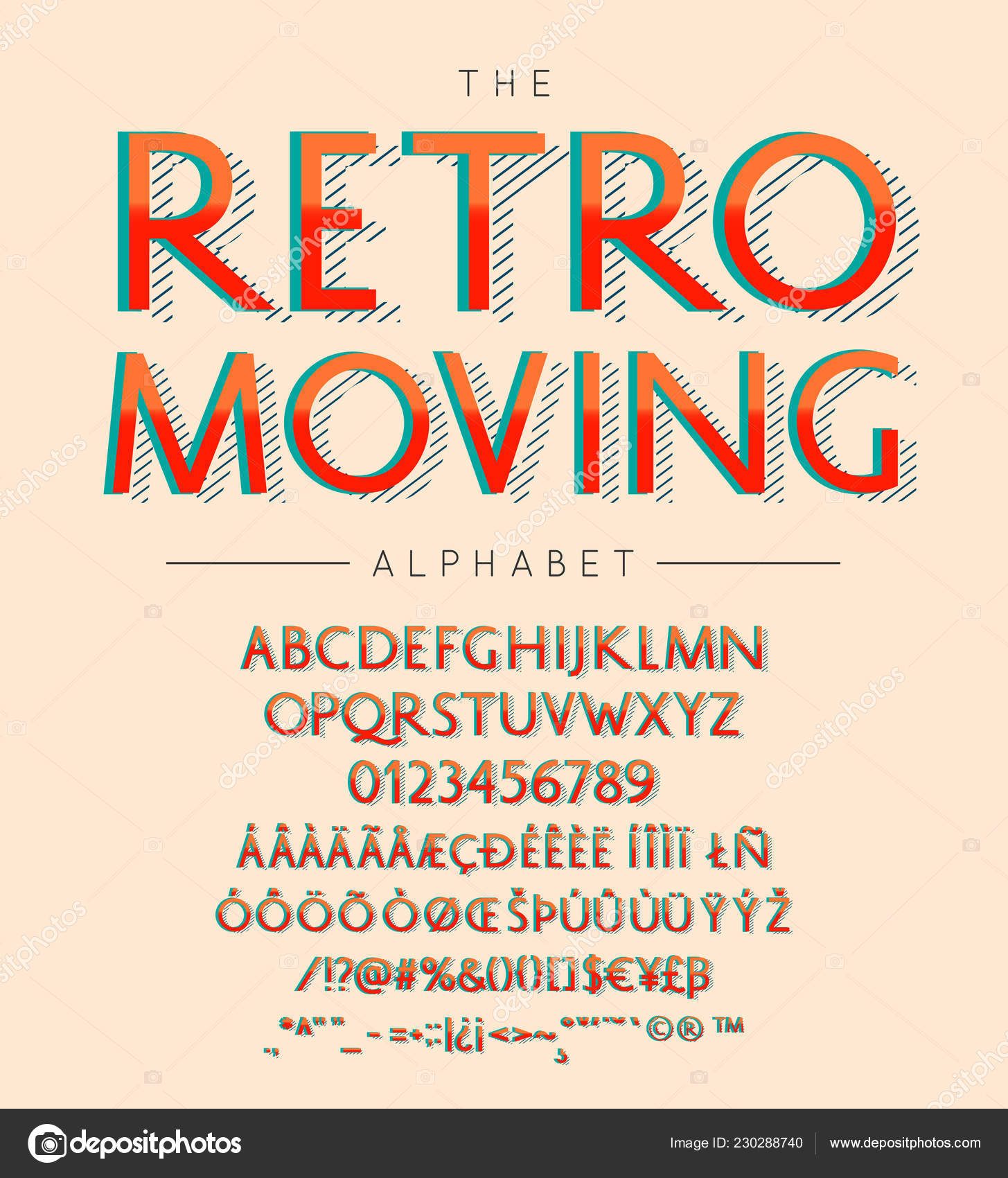 Retro Moving vector font and alphabet with numbers, signs and symbols ...