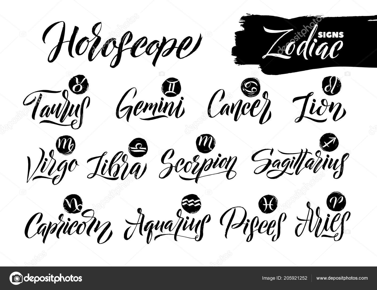 Set Calligraphy Zodiac Signs White Background Hand Drawn Horoscope ...