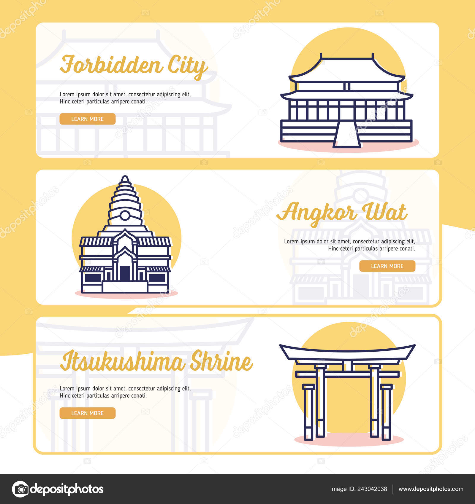 Travel Destination Banner Collection Outline Filled Style — Stock ...