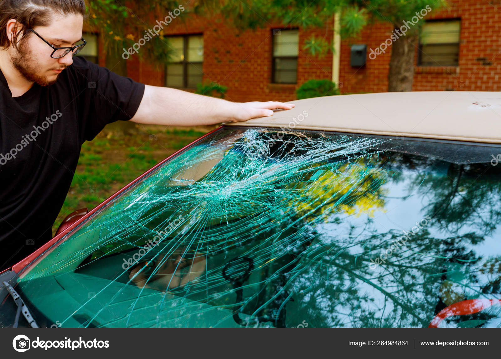 Glass broken cracks an accident on the road in front of car — Stock ...