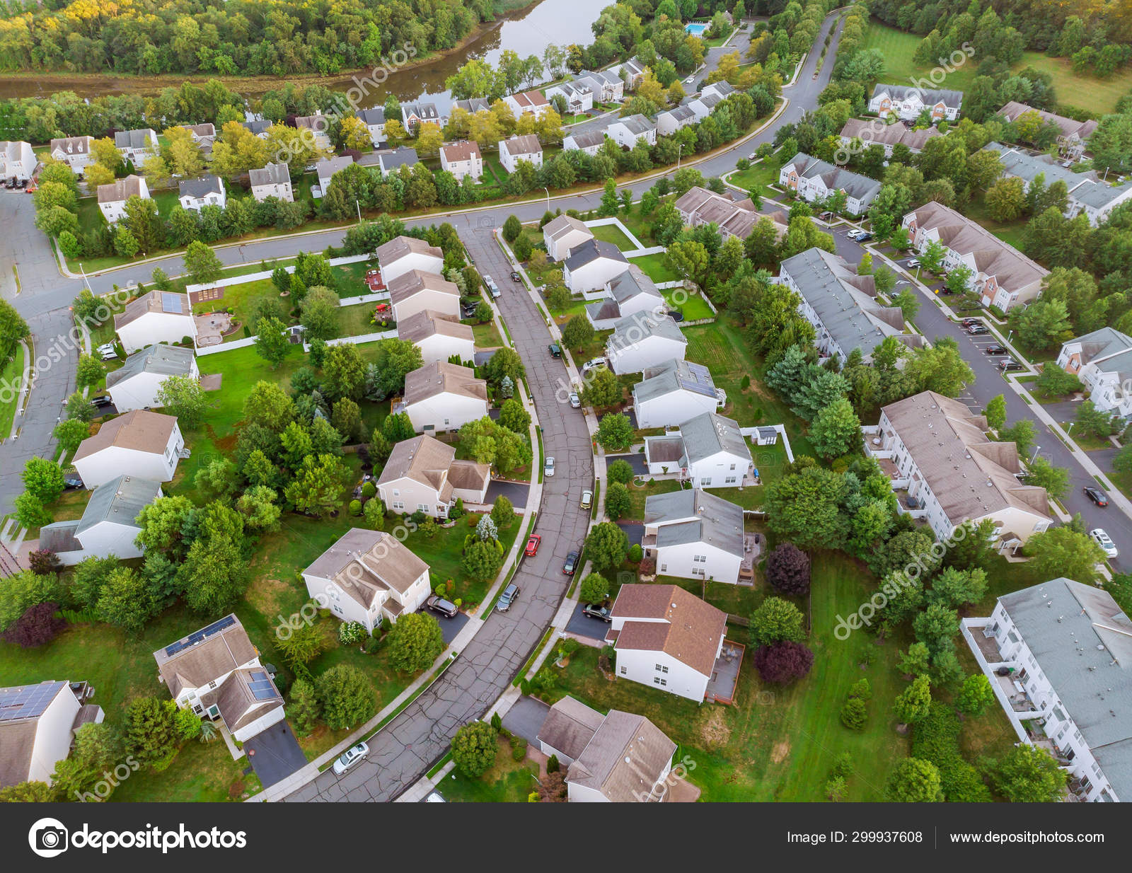 Aerial view over suburban homes and roads early sunrise Stock Photo by ...