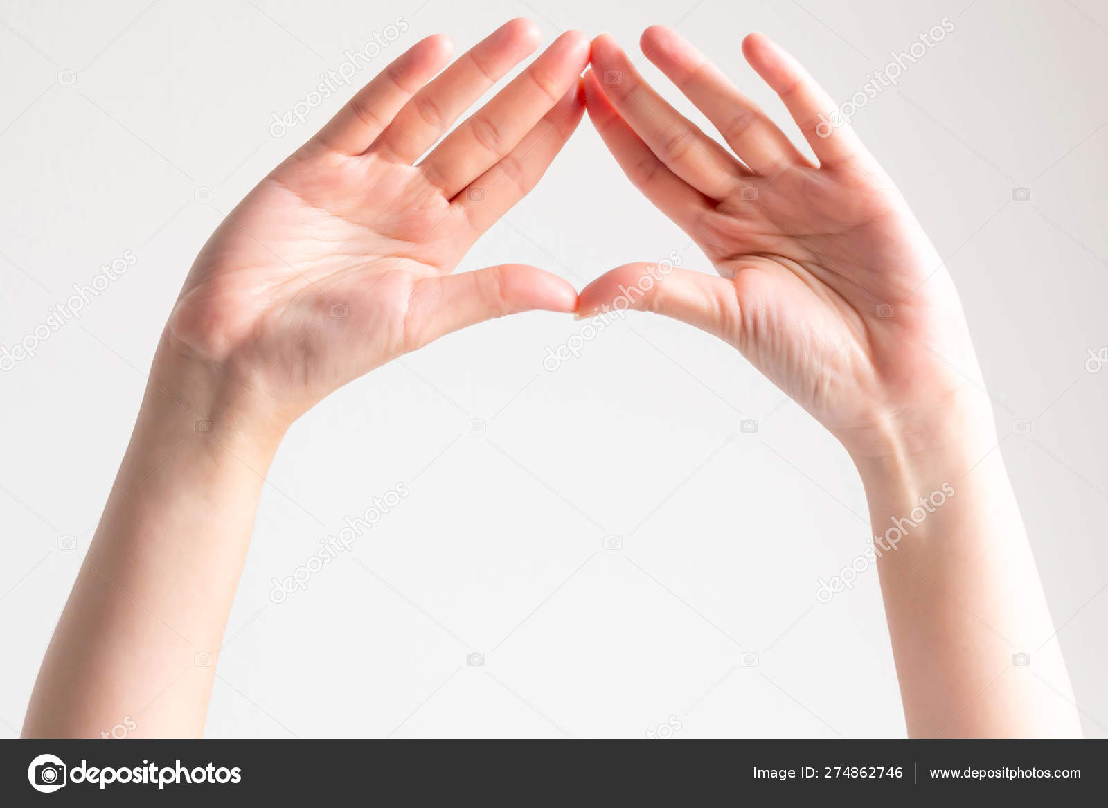 Hands show the palms and splice fingertips together to be triangle ...
