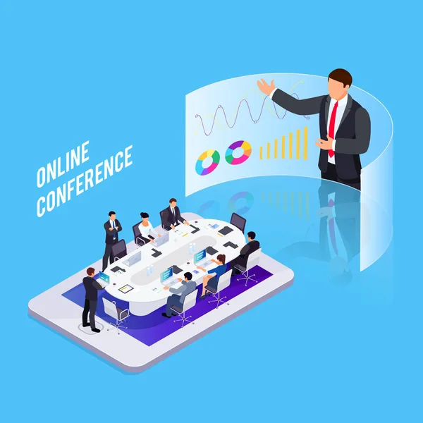 Conference online. Isometric business concept. 3d businessmen sit at a ...