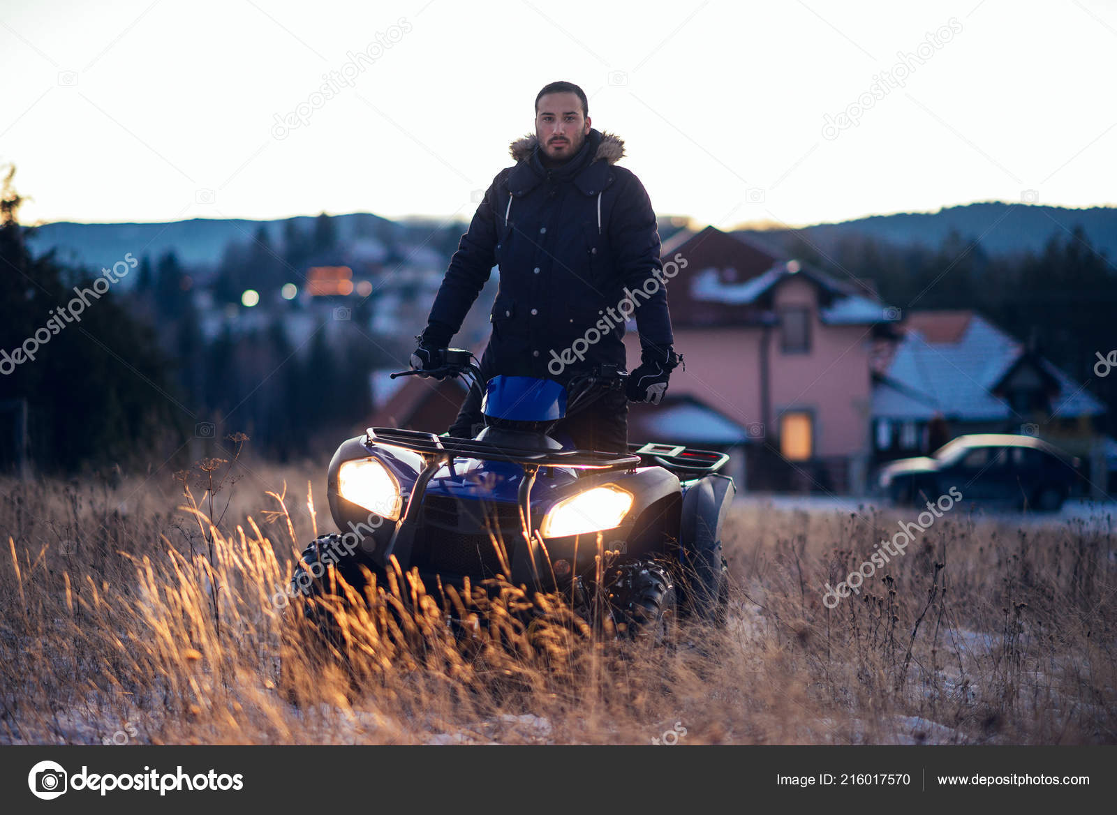 Full Length Portrait Handsome Man Standing Quad Bike Countryside ...