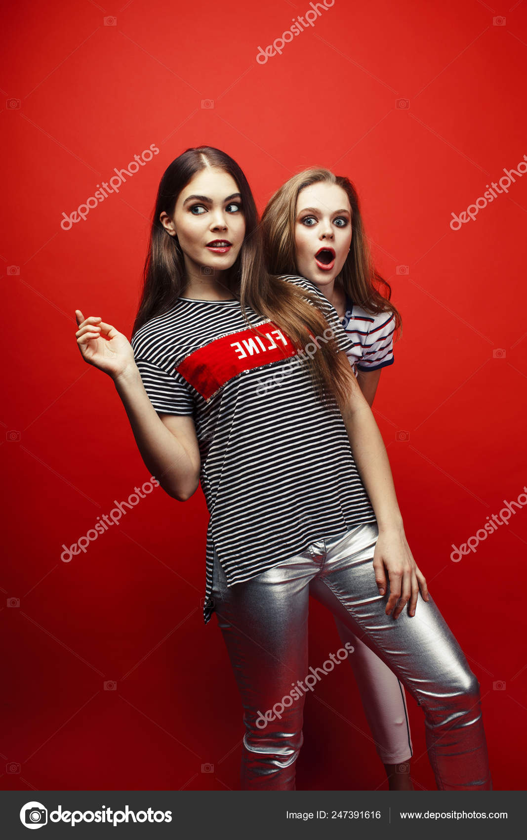 Two best friends teenage girls together having fun, posing emotional on ...