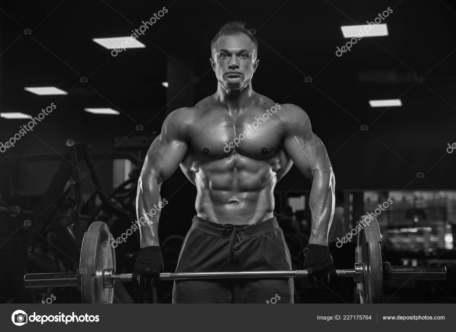 Handsome Man Big Muscles Trains Gym Exercises — Stock Photo © roman.l ...
