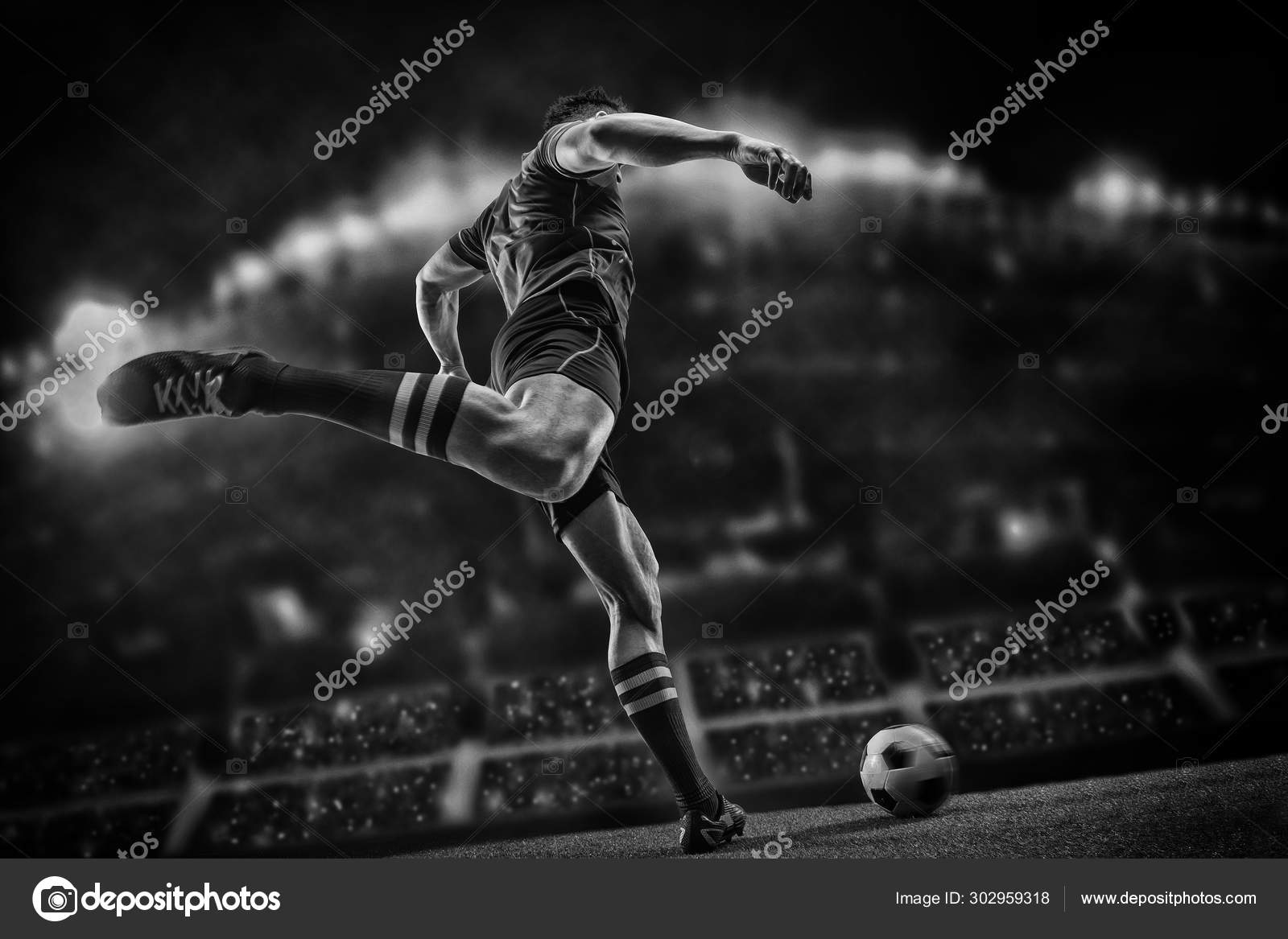 Jugador de fútbol con pelota en el campo de estadio — Foto de stock #302959318 © roman.l.olegovic