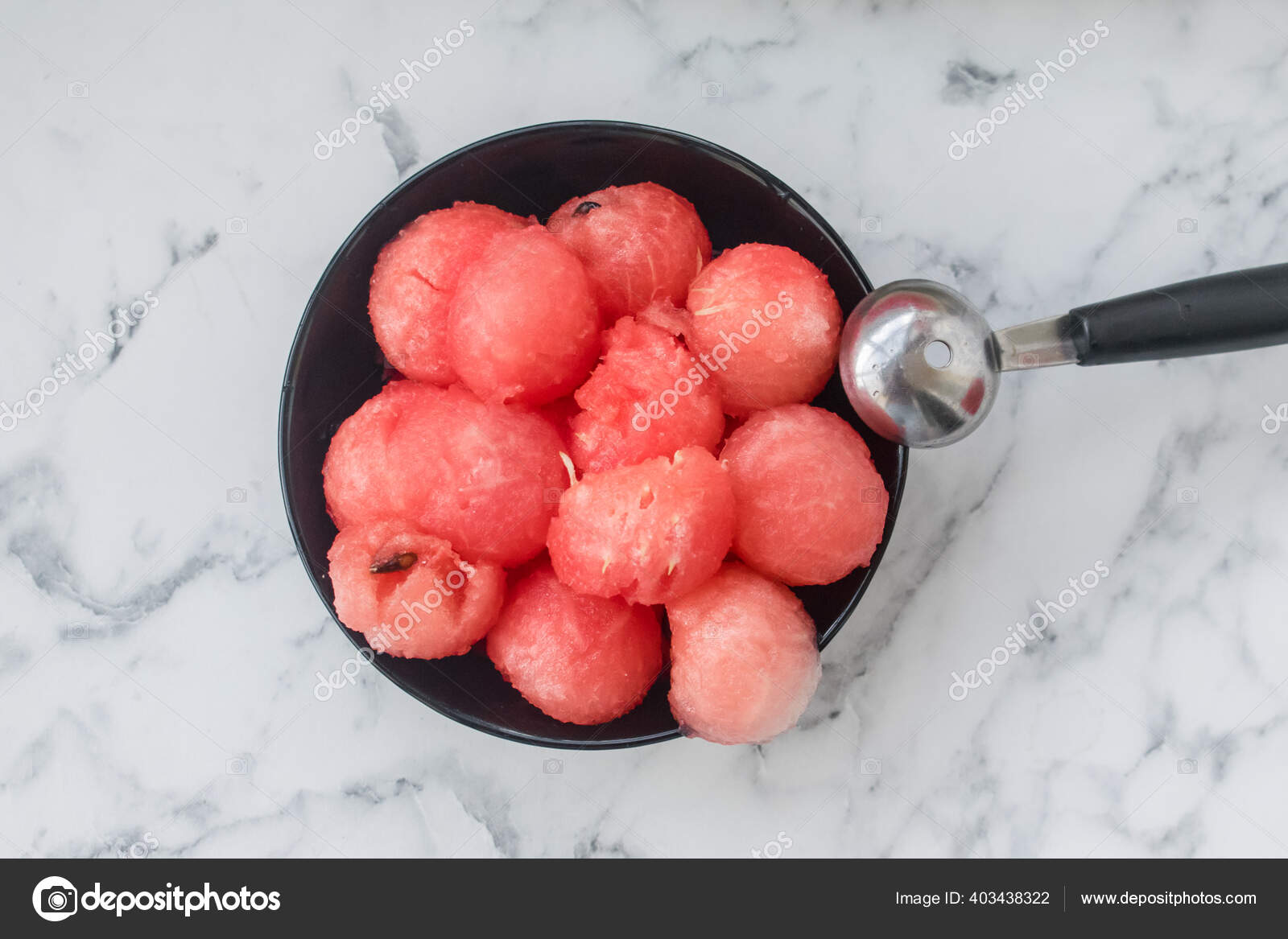 Watermelon Balls Cut Fruit Spoon Black Bowl Stands Table Beautiful ...