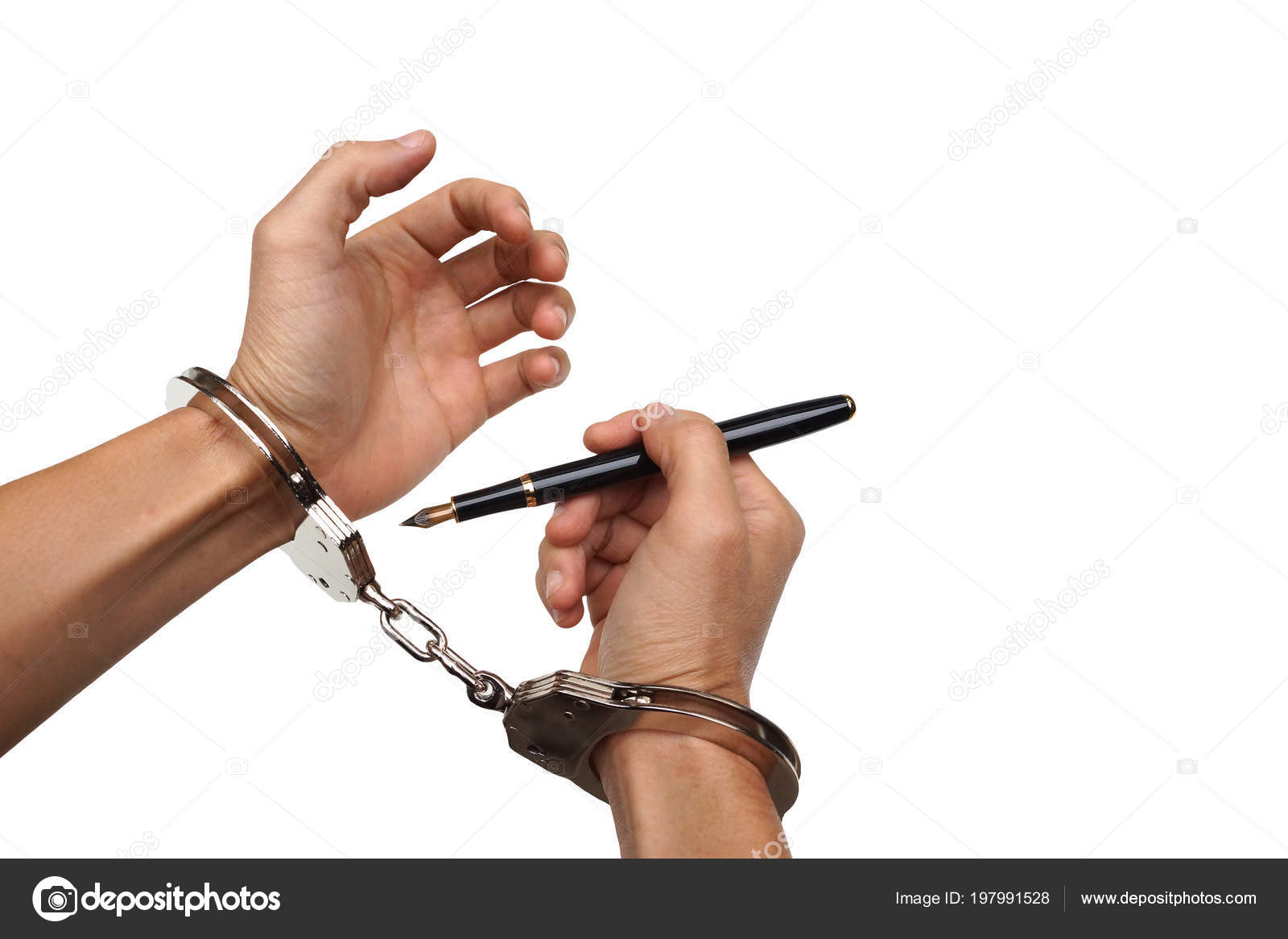 Hand Using Pen Trying Unlock Handcuffs Freedom Press Risk Concept Stock ...