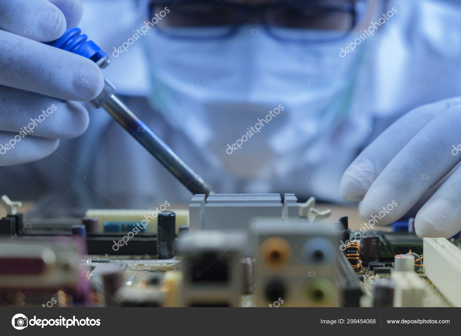 Technological background with mainboard of computer tester check ...