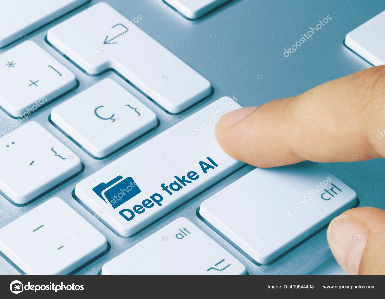Deep Fake Written Blue Key Metallic Keyboard Finger Pressing Key ...