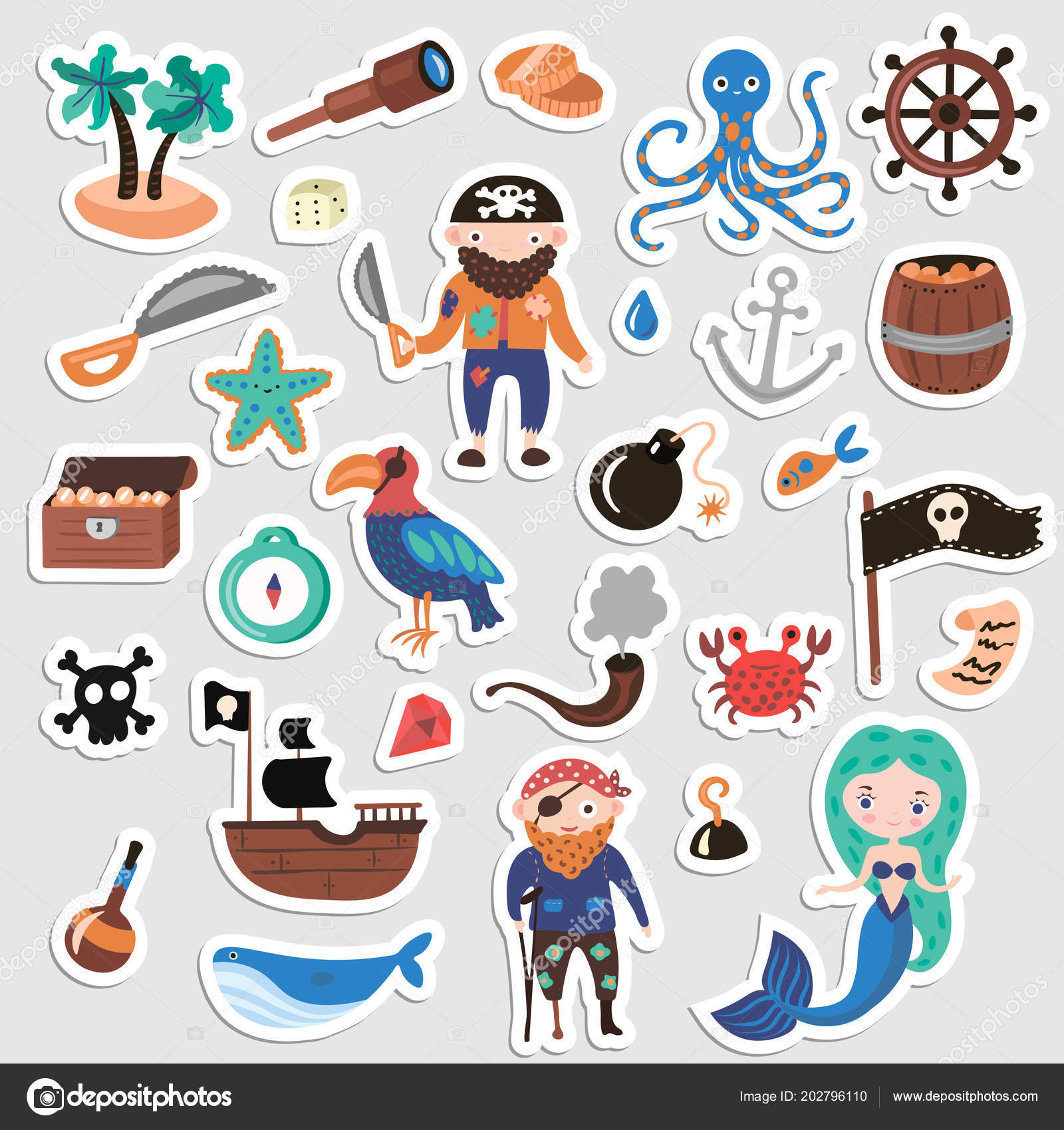 Set of Pirates vector cartoon stickers. Adventures and Pirate party ...