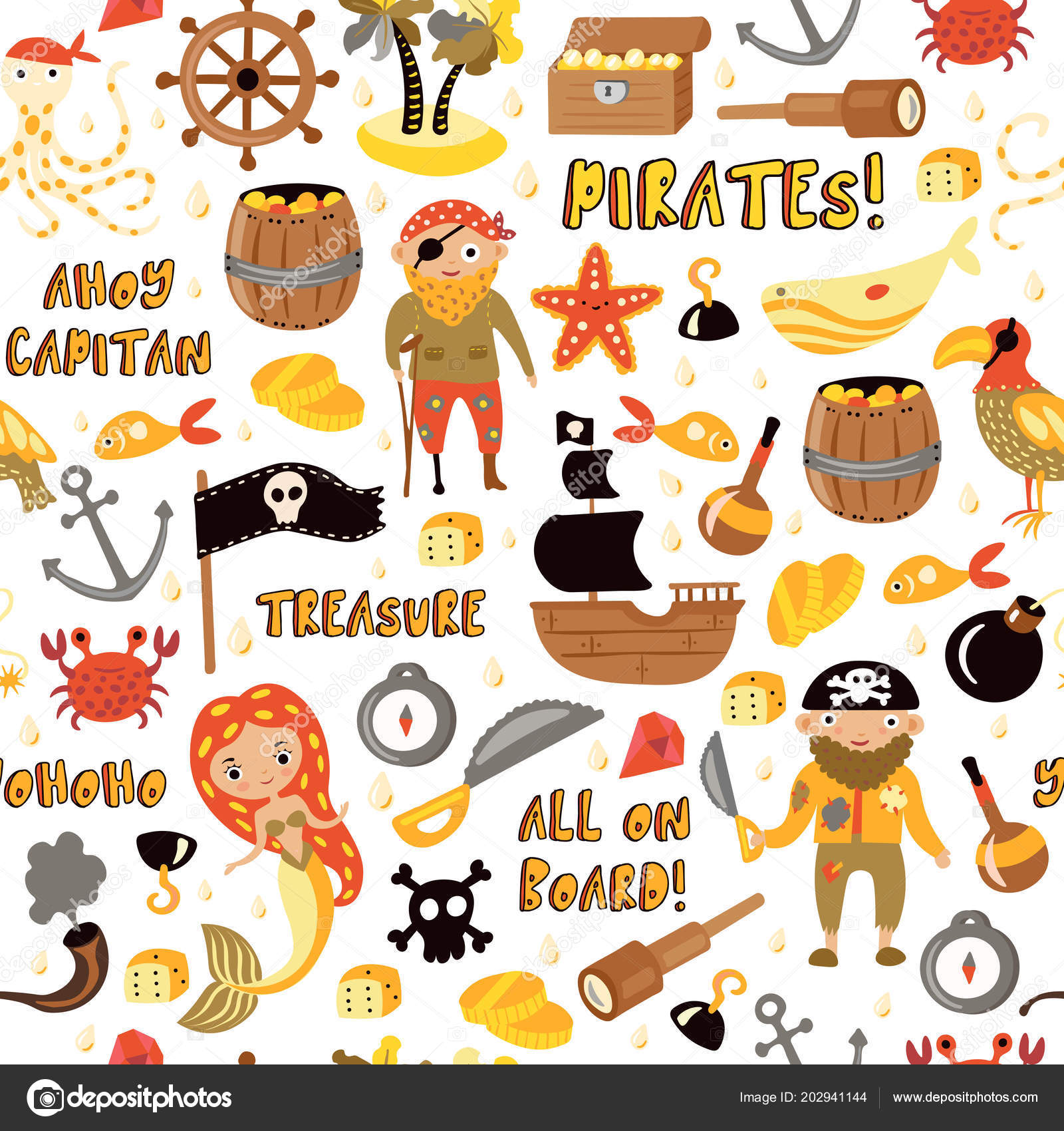 Pirates vector cartoon seamless pattern. Adventures and Pirate party ...