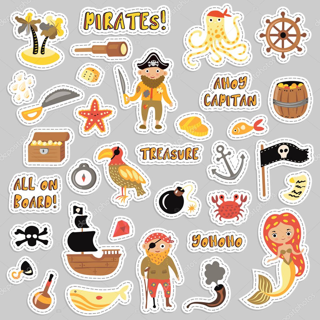 Conjunto de pegatinas de dibujos animados vector Piratas. Adventures ...