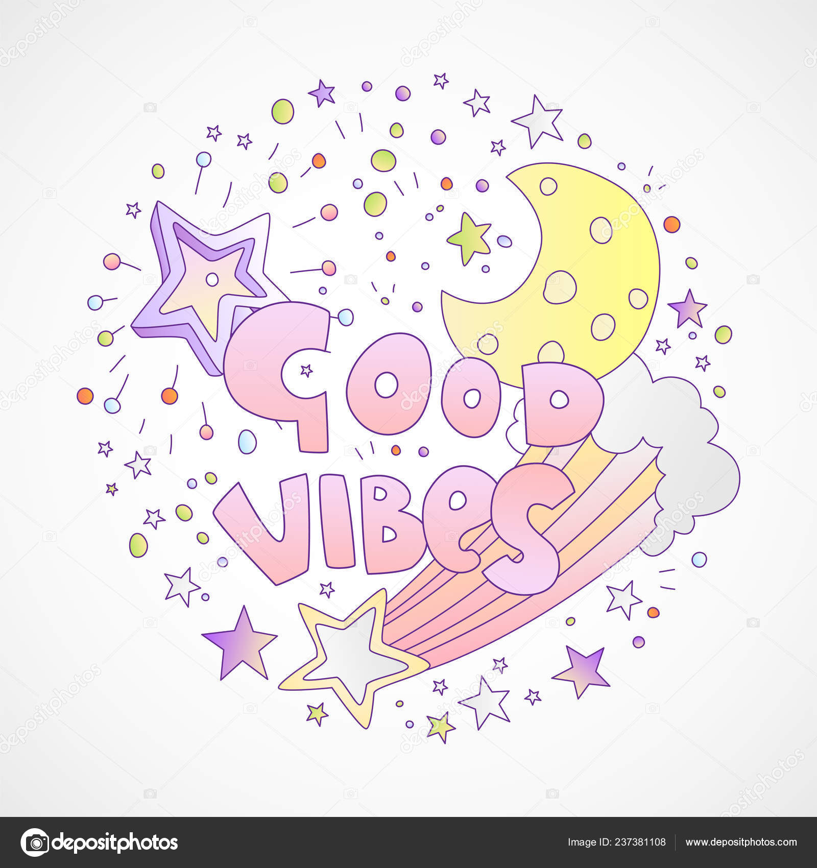 Good vibes cartoon girly illustration concept. Moon, falling star with ...