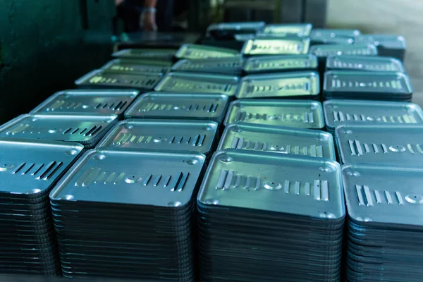 Steel sheets deposited in stacks in packs at the warehouse of metal ...