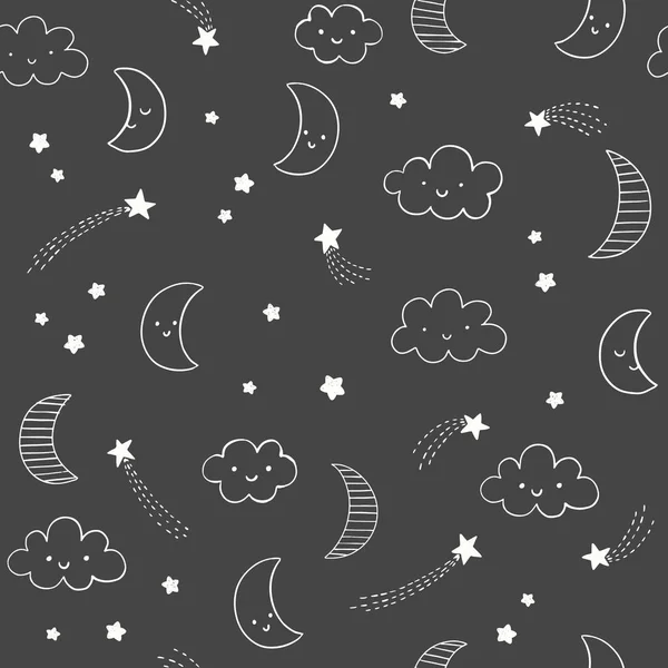 Night sky vector pattern set with hand drawn stars, clouds and moon ...