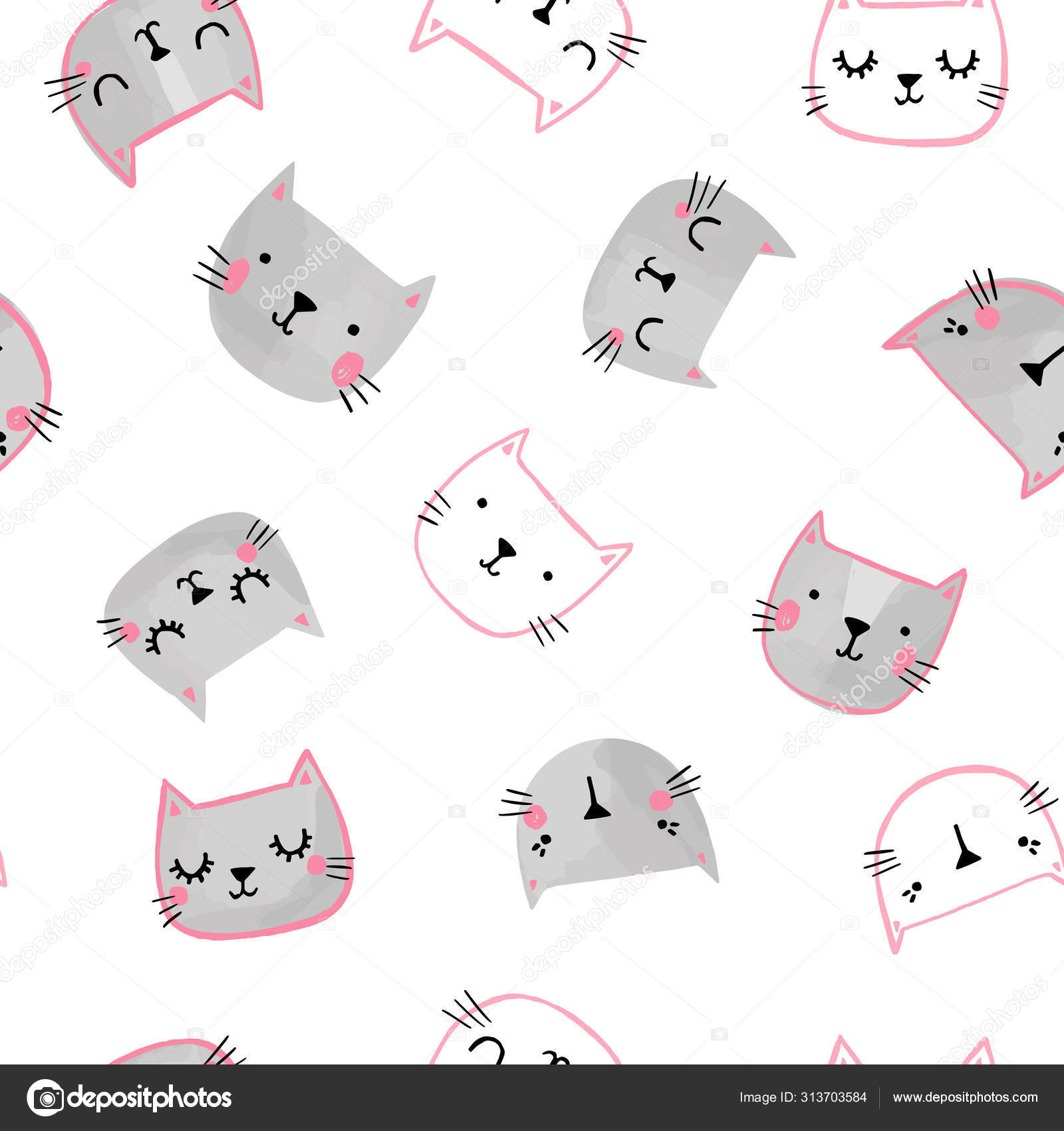 Cat vector pattern with hand drawn painted cat faces. Seamless print ...