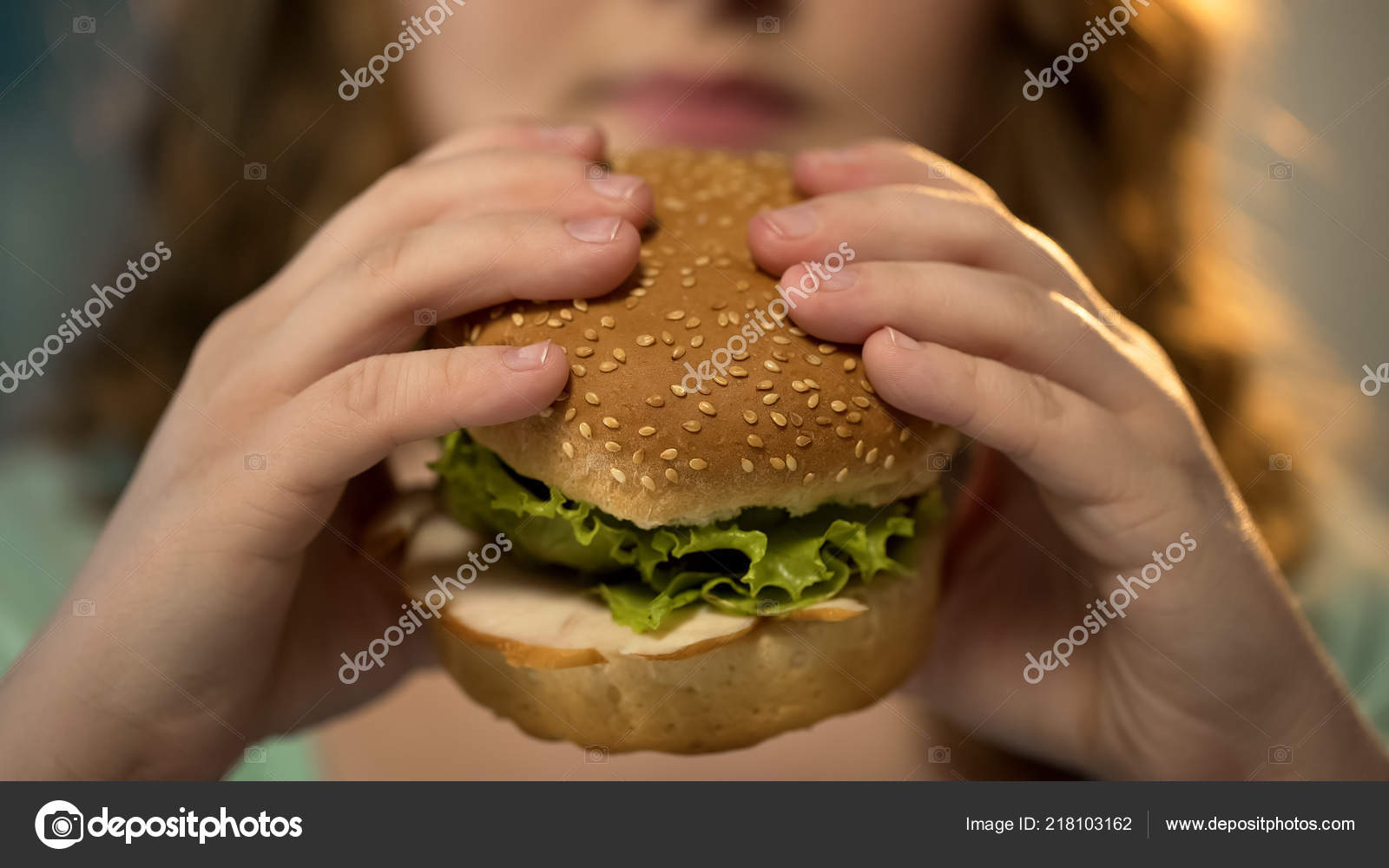Female Biting Fast Food Burger Closeup Unhealthy Nutrition Overeating ...