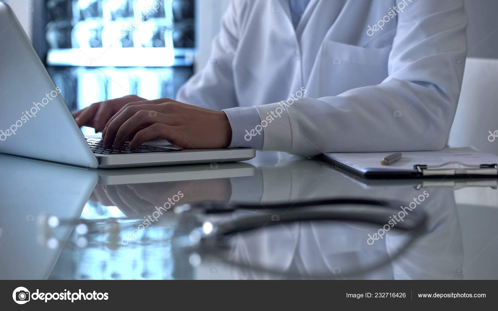 Professional Doctor Filling Data Online Medical Records Working Laptop ...