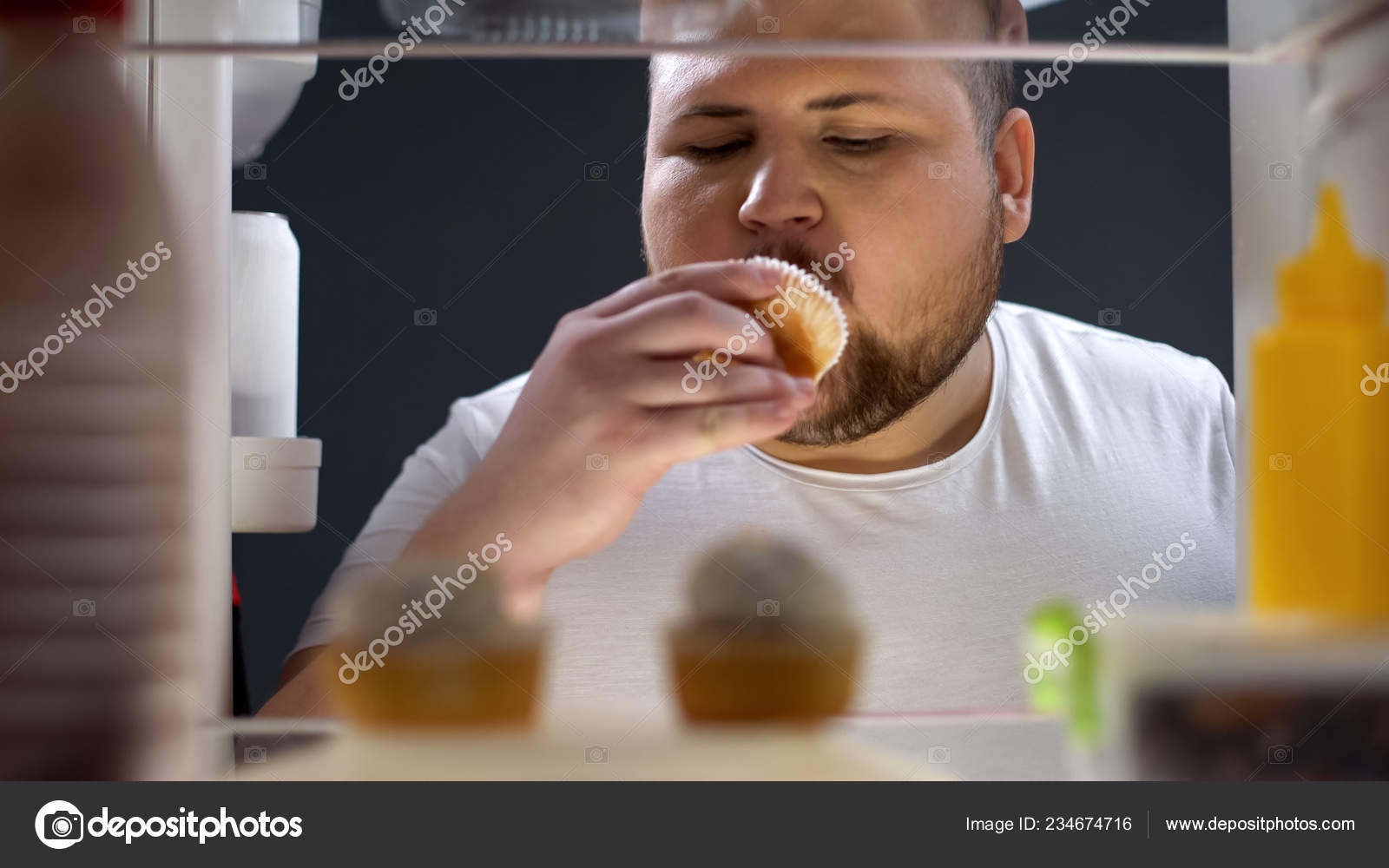 Overweight Man Delicious Cupcake Night Diet Failure Unhealthy Lifestyle ...