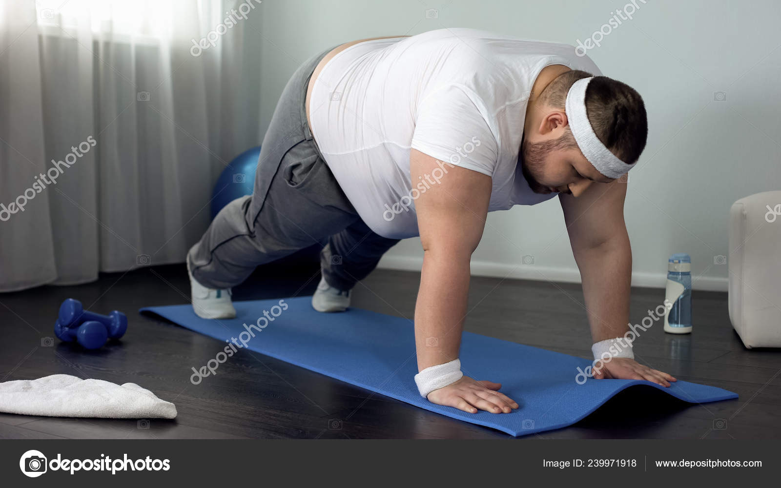 Fat Male Trying Push Exercise Home Weak Muscles Lack Motivation Stock ...