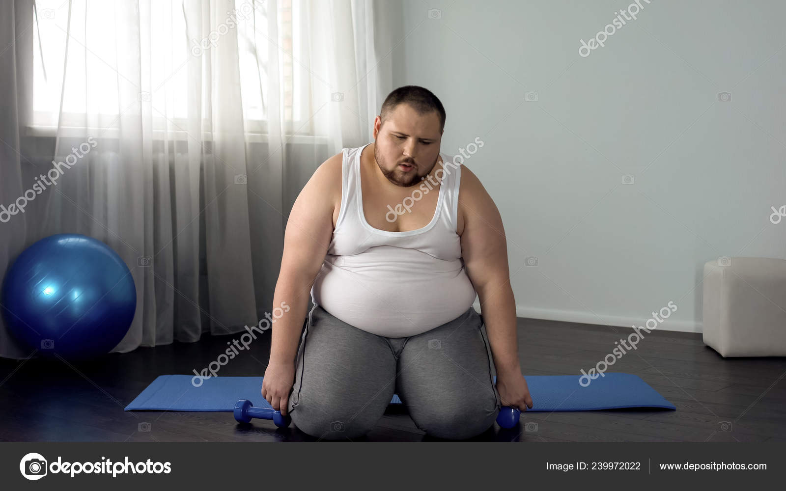 Exhausted Fat Man Sitting Floor Dumbbells Tiring Workout Program Sport ...
