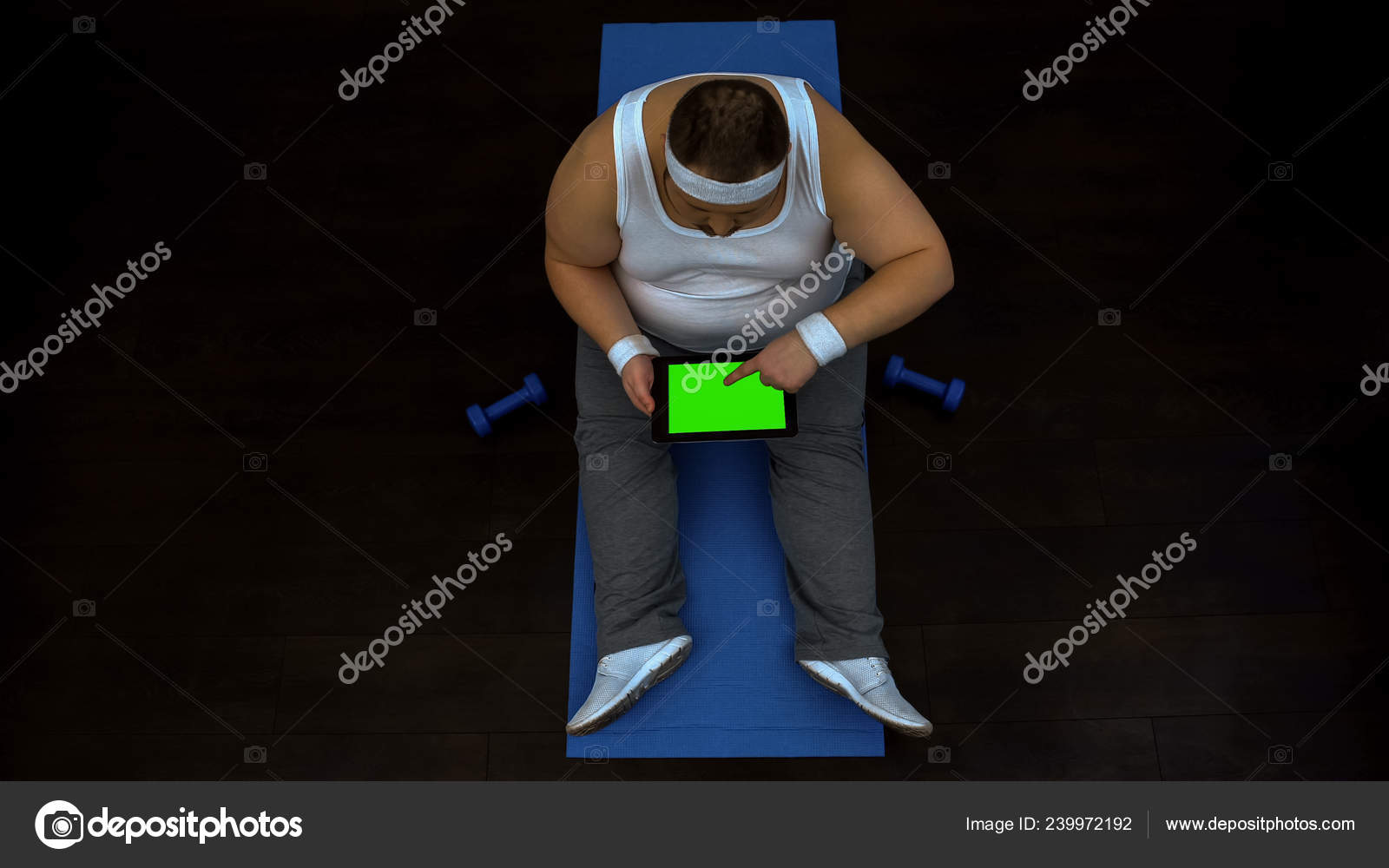 Obese Man Scrolling Application Tablet Green Screen Instead Sport Stock ...