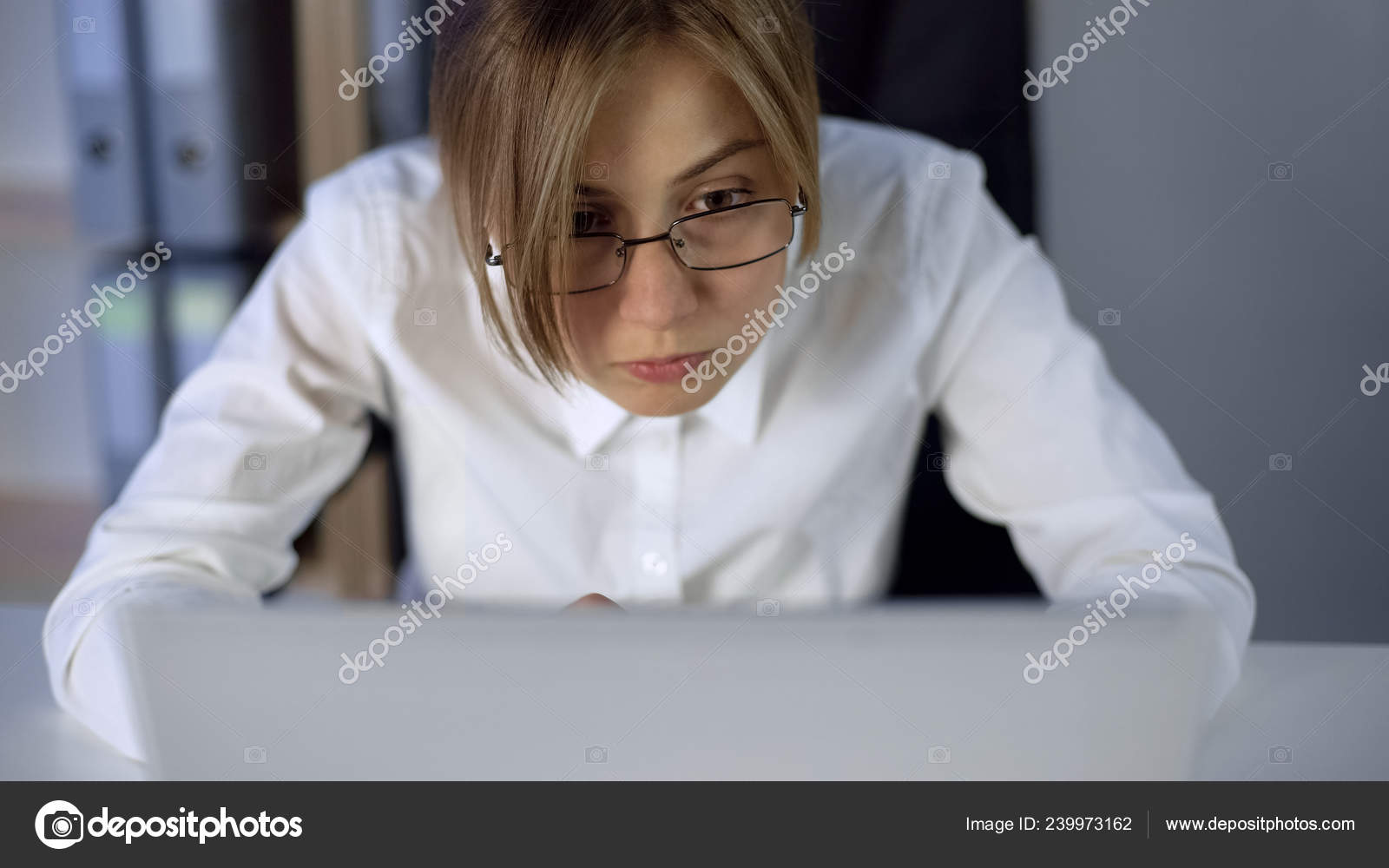 Overworked Girl Staring Computer Screen Eyes Wide Open Working Hard ...